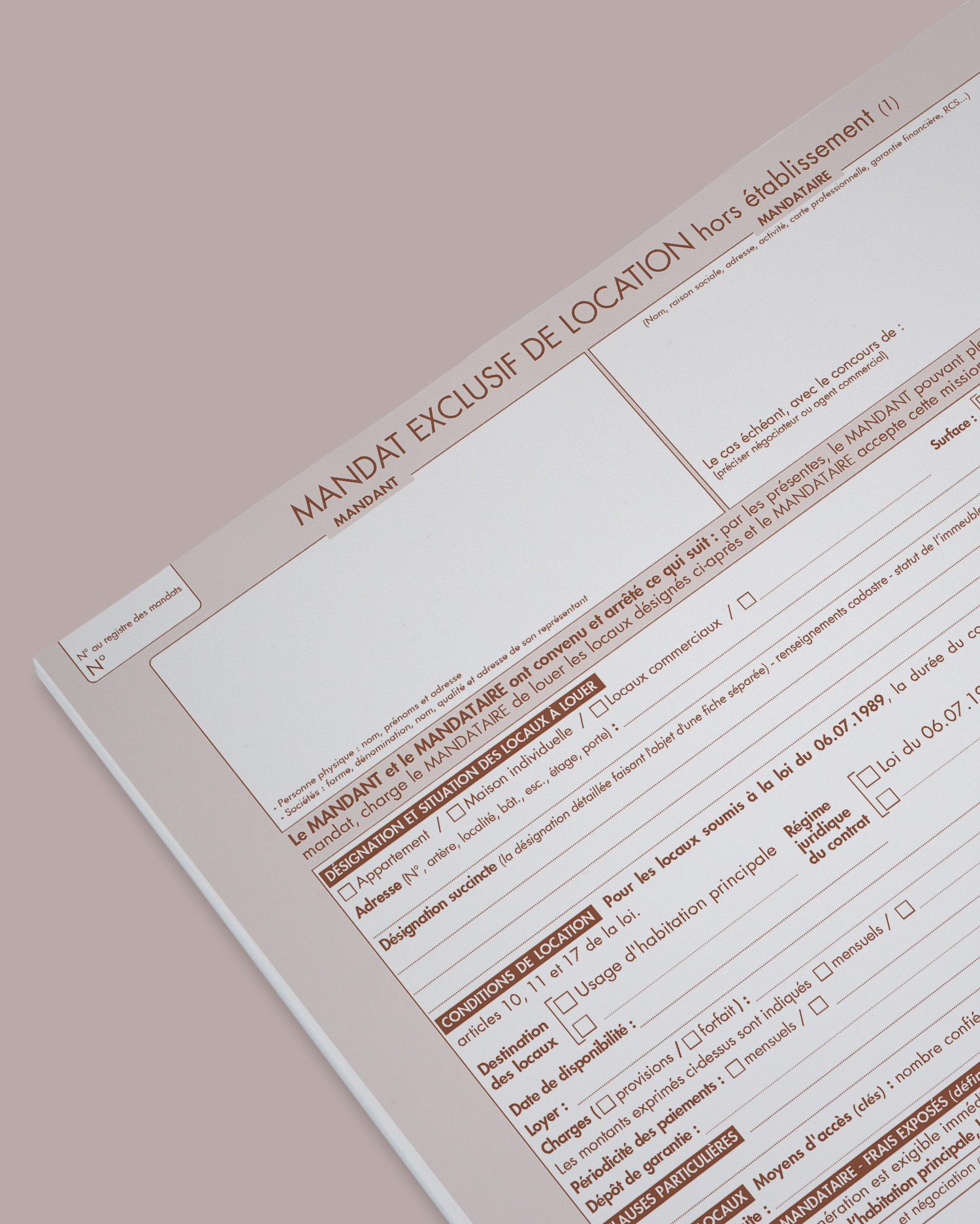 Mandat exclusif de location hors établissement - lot de 25